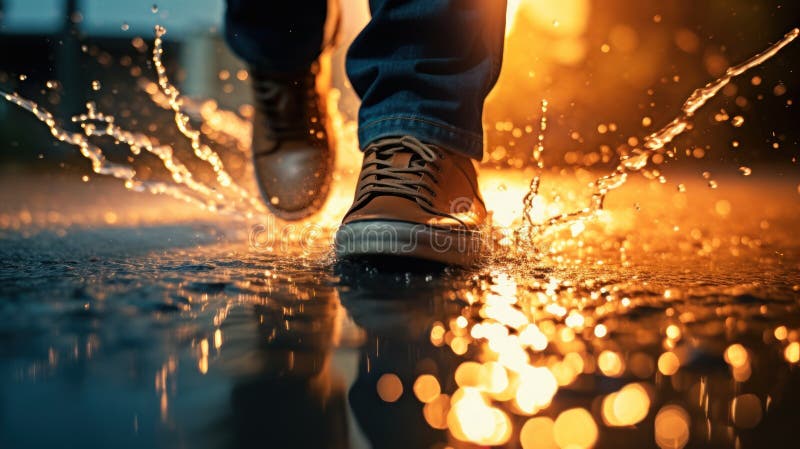 A Man S Feet Step into Water, Causing an Energetic Splash. Stock Image ...