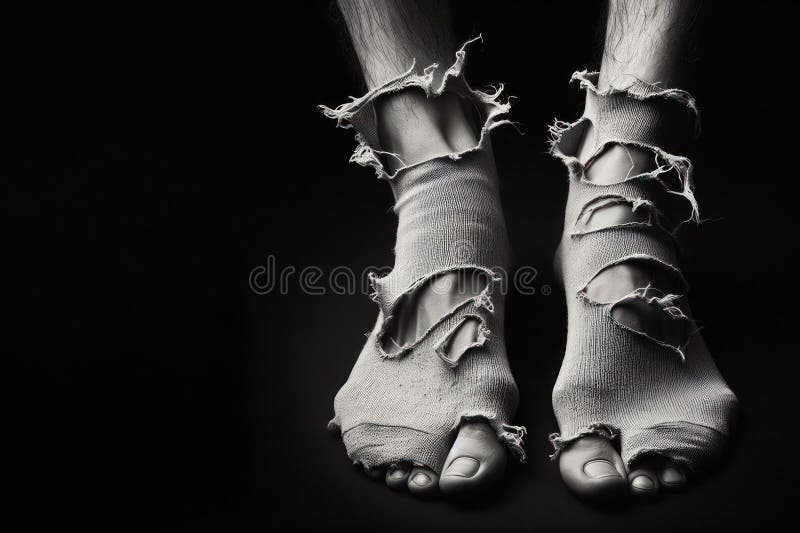 A Man S Feet in Torn Socks. Space for Text. Stock Image - Image of ...