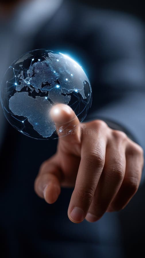 Man S Finger Touches Digital Globe, Representing Global Connection and ...