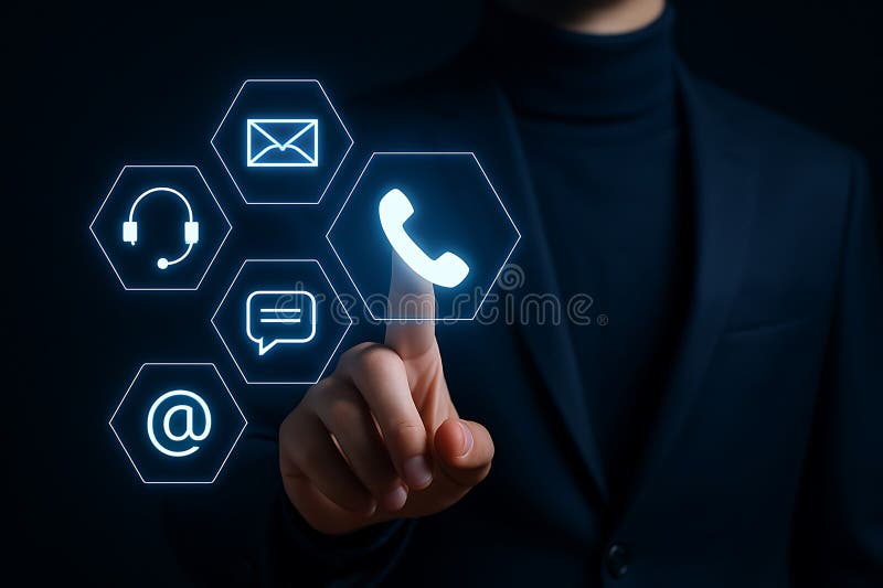 Man S Finger Touching a Glowing Phone Icon on a Futuristic Interface ...