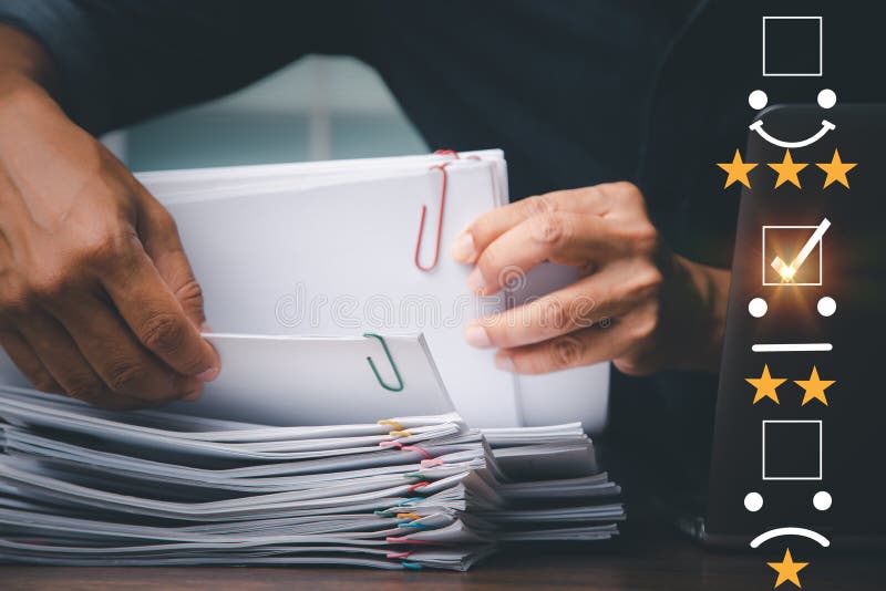 Man`s Hand Analyzing Documents Papers Questionnaire and Combining the ...