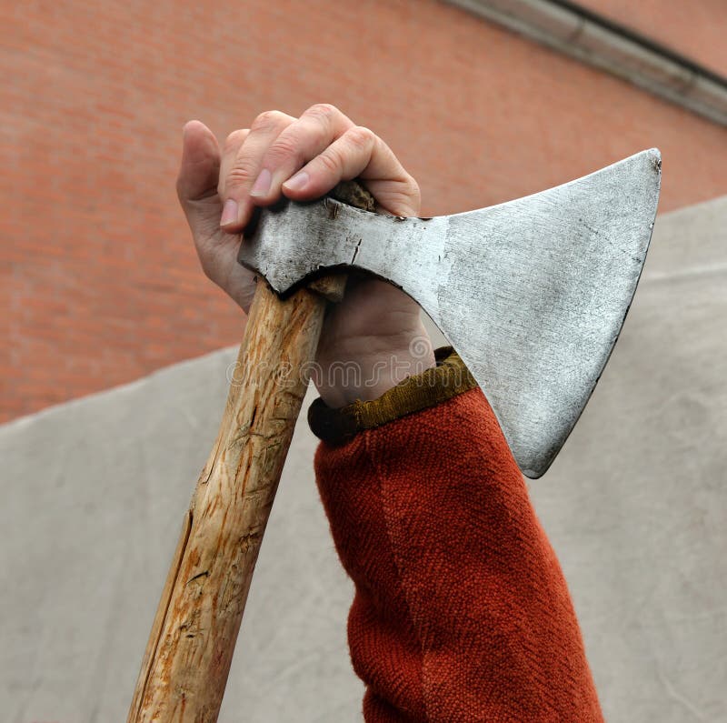 Man`s Hand on Ancient Broadaxe 2 Stock Photo - Image of medieval ...