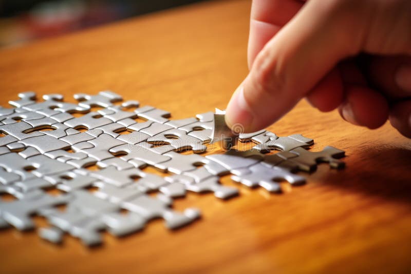 A Man S Hand Assembles a Puzzle on a Table. Stock Illustration ...