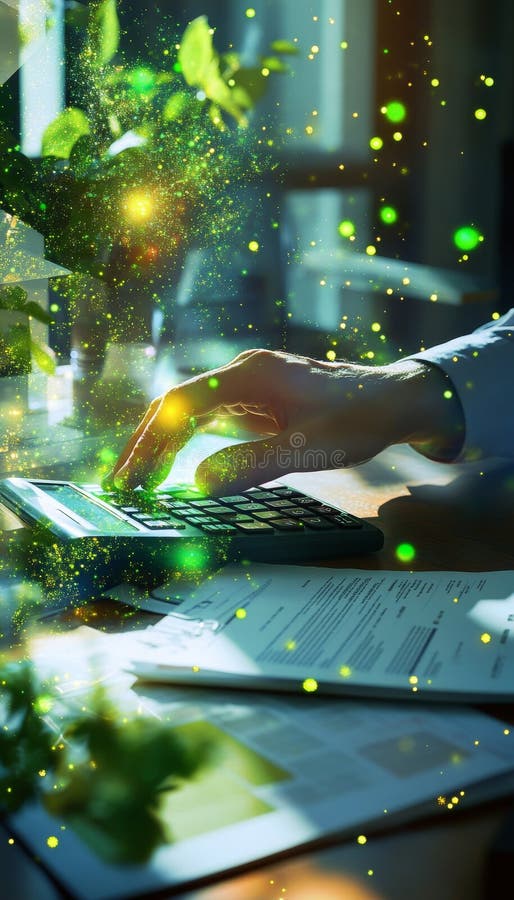 Man S Hand Calculating Amidst Green Energy Stars and Rainbow Elements ...