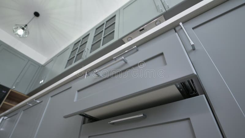 Closing the Drawer at Modern Classic Gray Kitchen Stock Video - Video ...