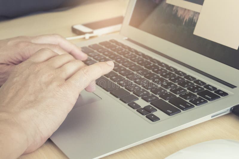 Man S Hand on Computer Notebook, Vintage Tone Stock Photo - Image of ...