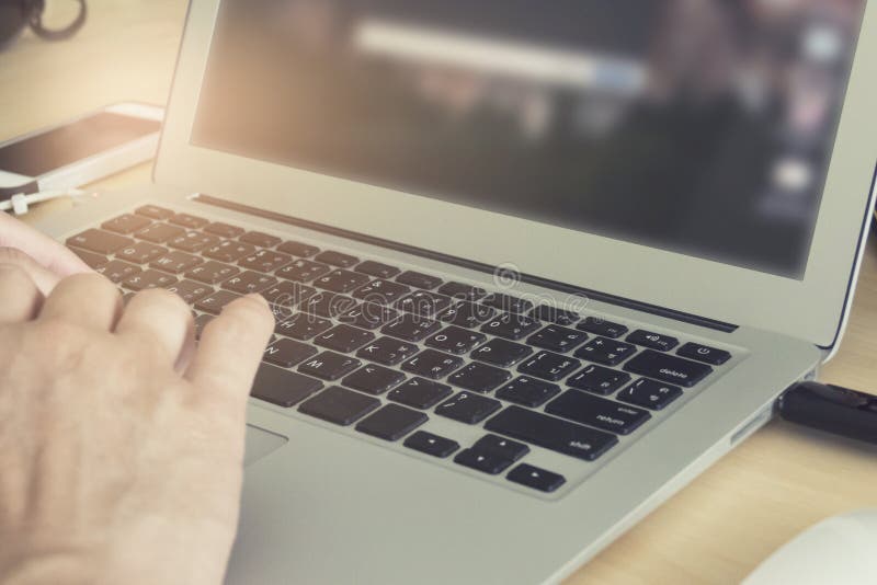 Man S Hand on Computer Notebook, Vintage Tone Stock Image - Image of ...