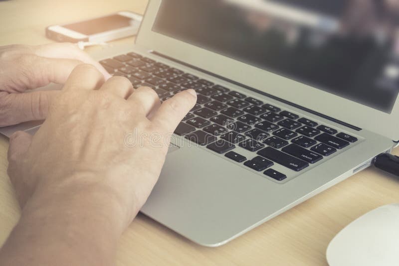 Man S Hand on Computer Notebook, Vintage Tone Stock Photo - Image of ...