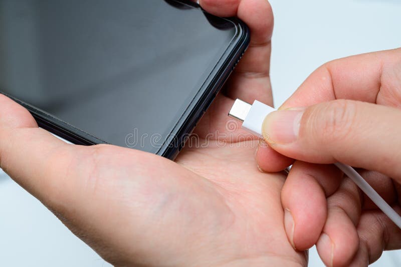 Man`s Hand Connecting Type-c Cable To Smartphone Stock Image - Image of ...