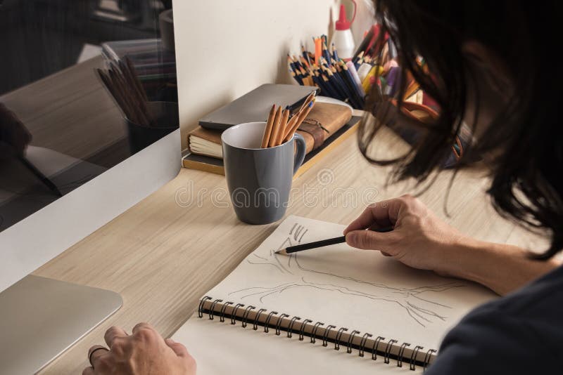 Man`s Hand Drawing in a Notebook Stock Image - Image of note, education ...