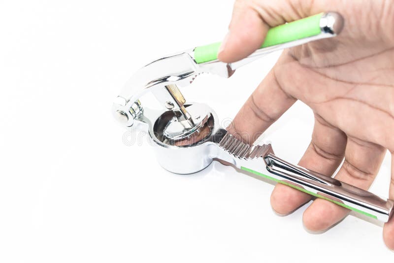 Man S Hand Holding Grinding Hard Shell Crab Tool, Crushed Garlic Stock ...