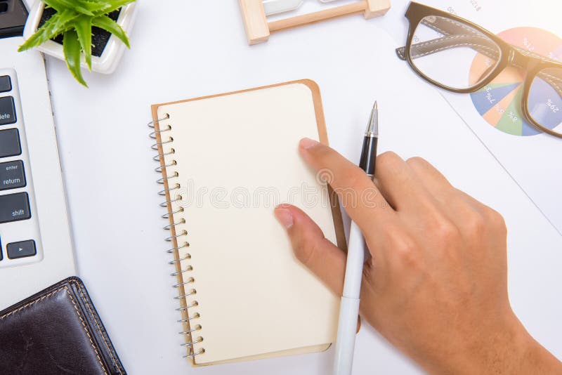 Man's Hand Holding Pen Paper Notebook Table Relax Pos Stock Photos ...