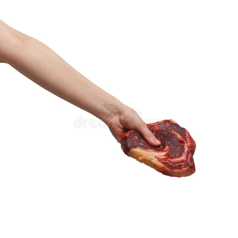 A Man`s Hand Holds a Piece of Raw Meat. Isolated on White Stock Image ...
