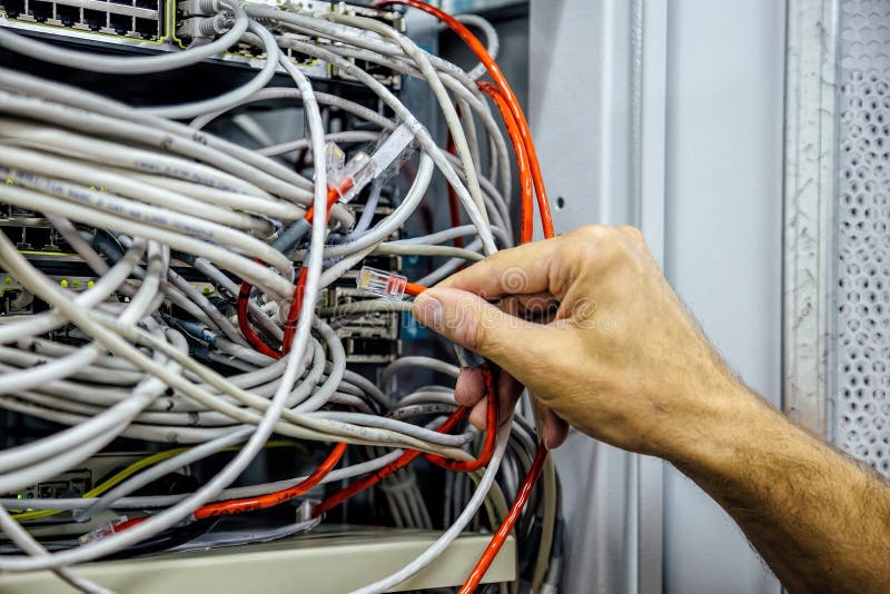 A Man`s Hand Holds Server Cable in Network Server Room Stock Photo ...