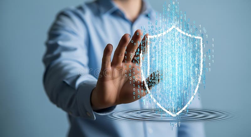 Digital Shield: Man S Hand Protecting Data with Binary Code and Ripples Stock Illustration ...