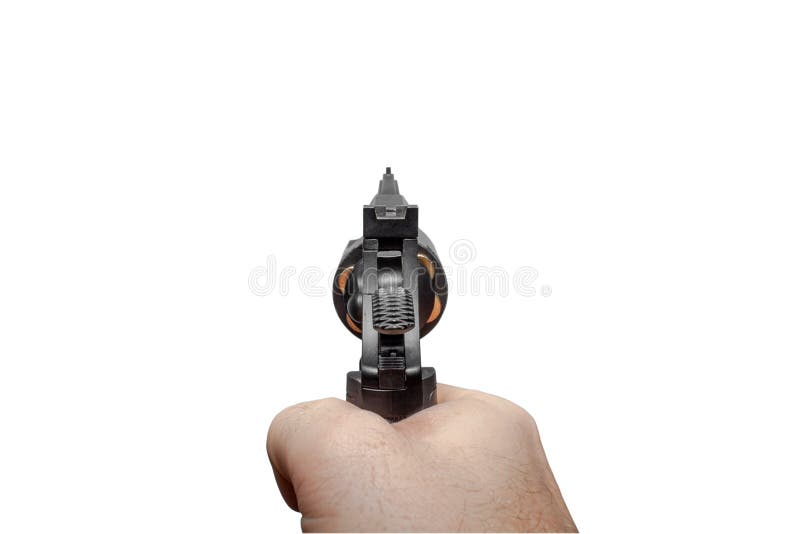 A Man`s Hand with a Loaded Black Revolver Aims Forward. First-person ...