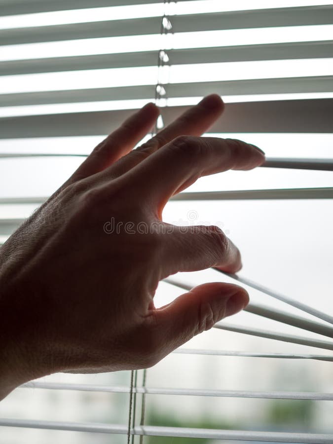 Man`s Hand Opens the Shutters Stock Image - Image of blinds, concept ...