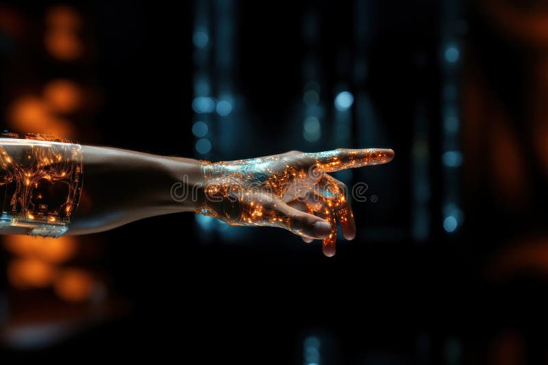Man S Hand Points with a Finger, Hologram Interface on the Hand. AI ...