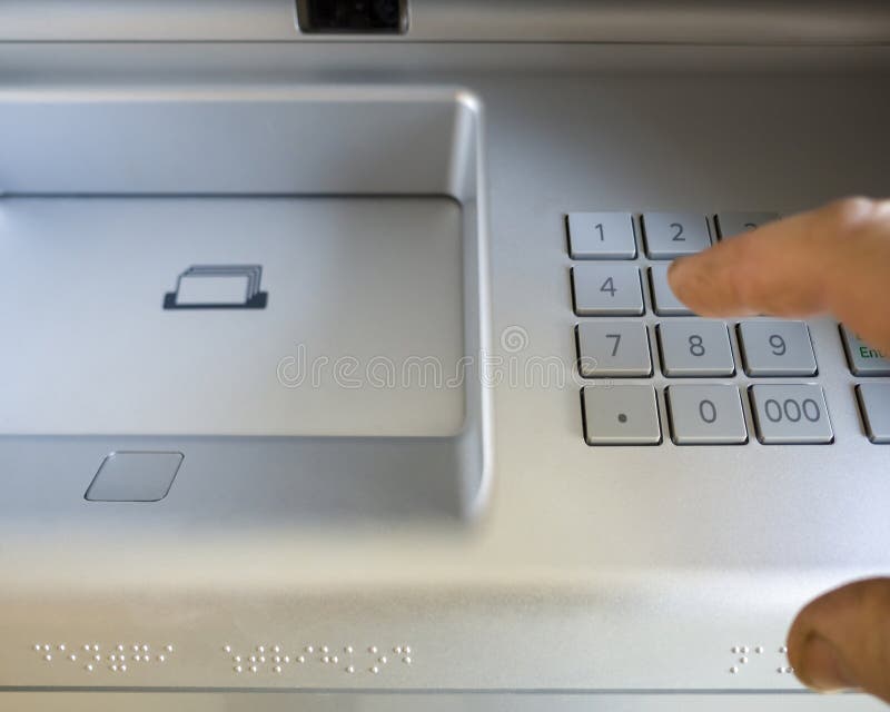 Man& X27;s Hand Presses the Buttons on the PIN Keyboard of the ATM ...