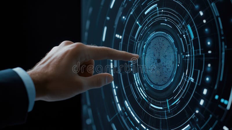 A Man S Hand is Pressing a Virtual Fingerprint Badge Icon on a Smooth ...