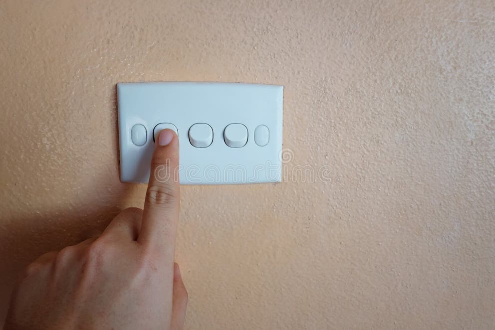 Man S Hand Push Button of White Switch on Orange Wall Stock Photo ...