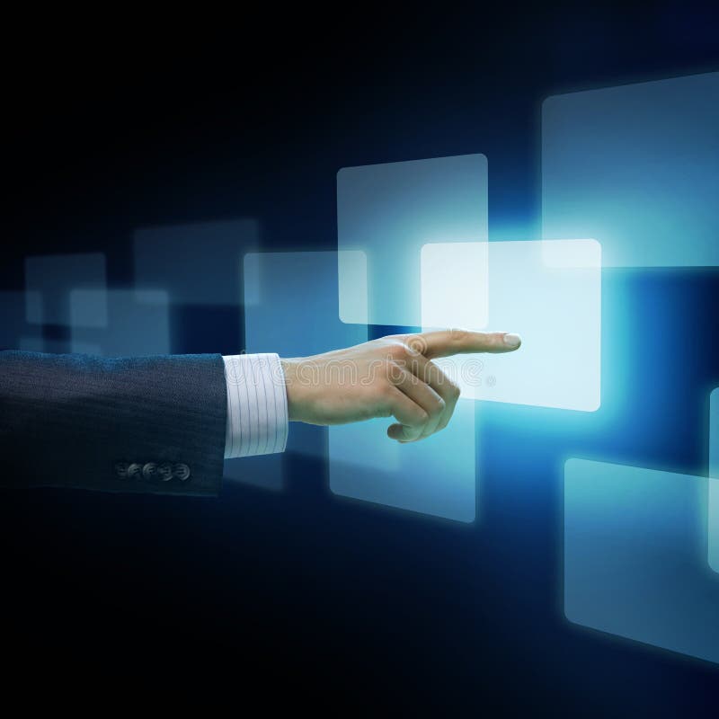 Hand Pushing a Button on a Touch Screen Interface Stock Photo - Image ...