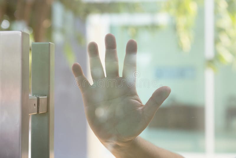 Man& X27;s Hand Pushing, Opening Glass Door Stock Photo - Image of ...