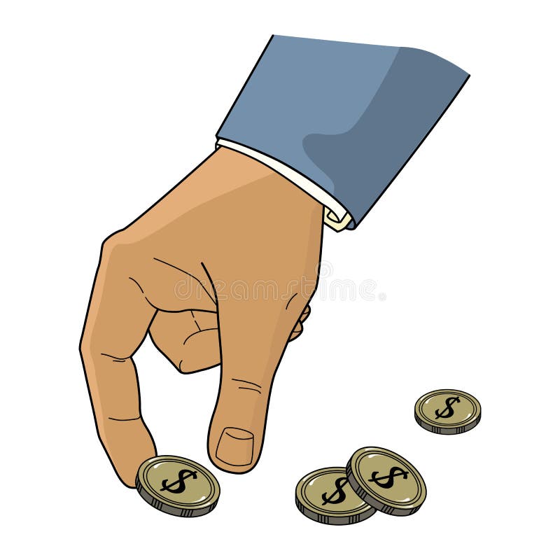 Man`s Hand Raises a Coin with a Dollar Sign. Linear Drawing Stock ...