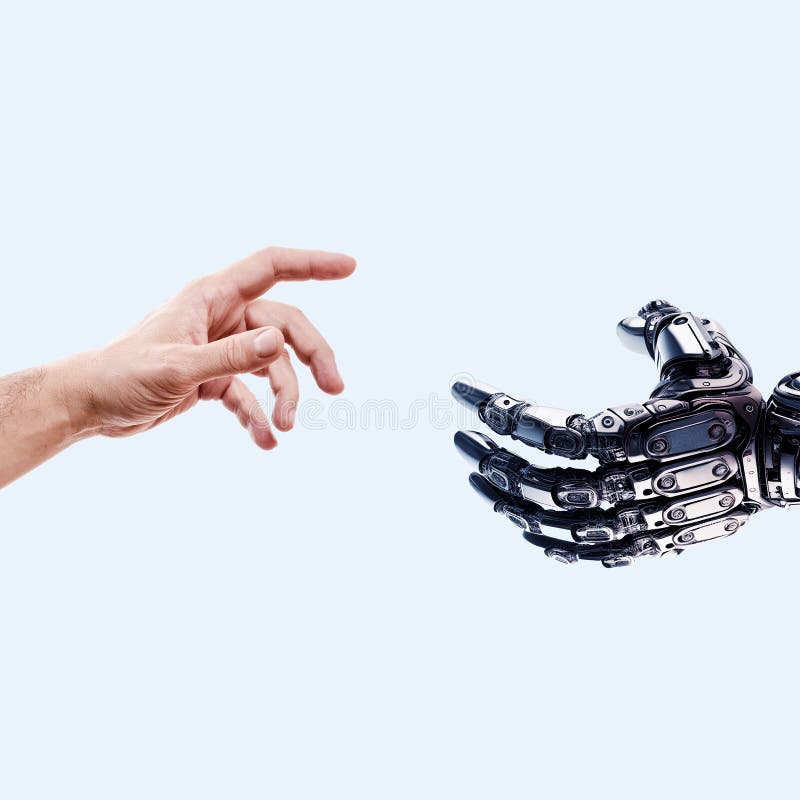 Human and Android Hands. Man Giving a Red Apple To an Artificial ...