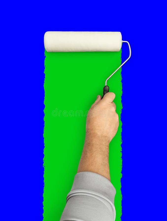 Man S Hand Rolling Paint Roller Over Blue and Green Screen Background ...