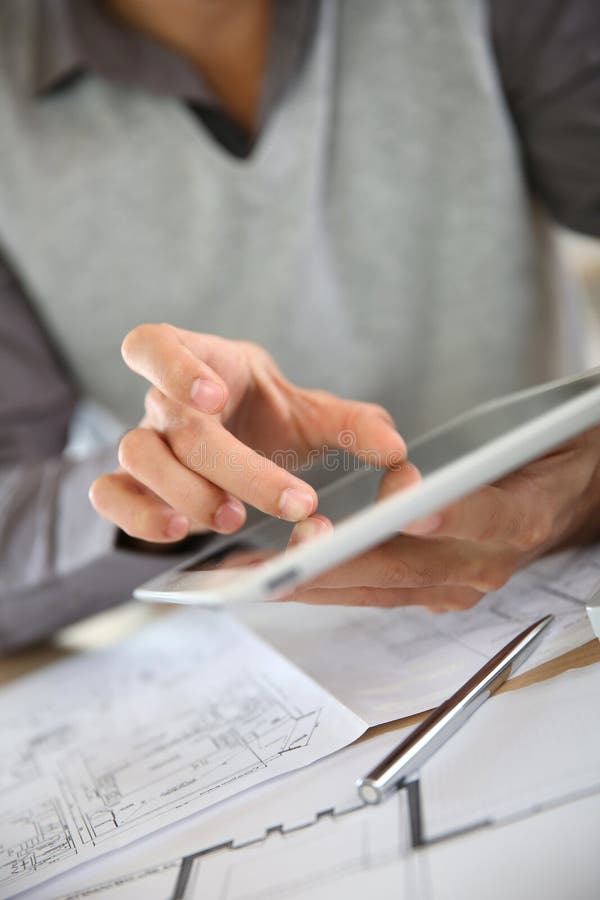 Man S Hand Sliding on Tablet Stock Image - Image of architect, sliding ...