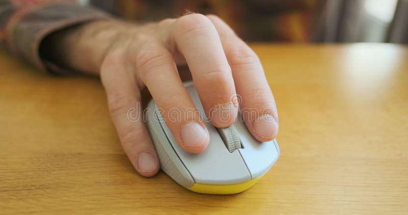 Man& X27;s Hand Starts Working with Computer Mouse. Front View, Close ...