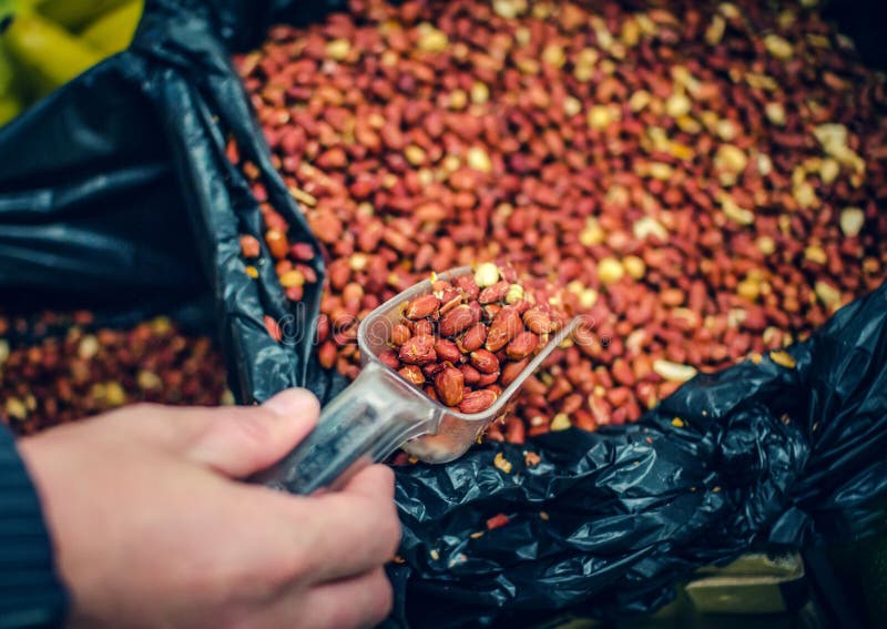 Man`s Hand Taking Peanuts from Container into a Scoop Stock Image ...