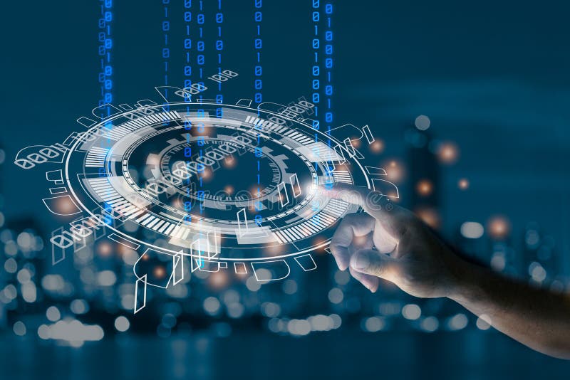 Hand Touching Virtual Screen with Bokeh Background Stock Image - Image ...