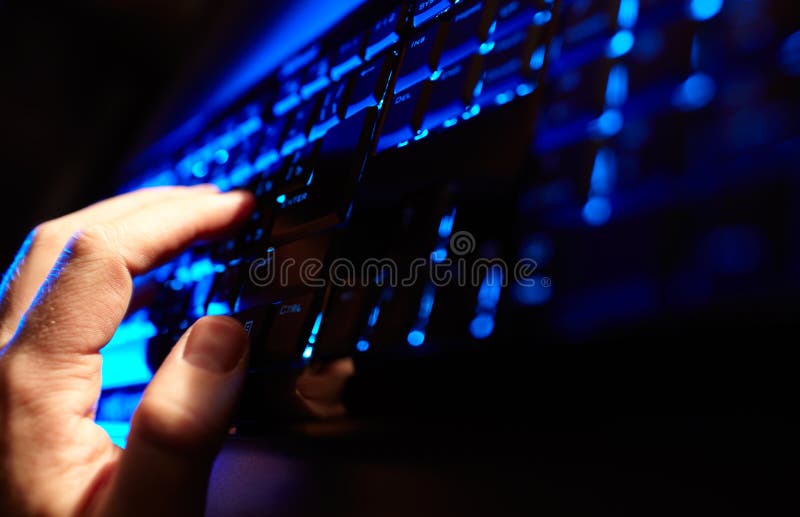 Man S Hand Typing on a Blue Keyboard. Stock Image - Image of blue ...