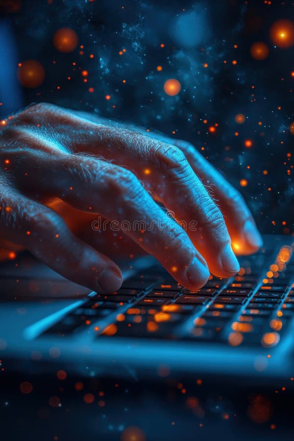 A Man S Hand Typing on a Laptop Keyboard in a Dark Room. Typing on a ...