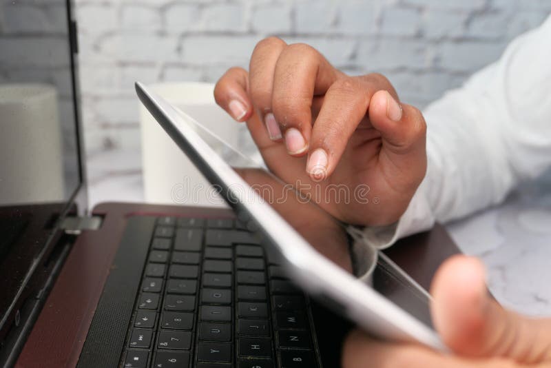 Man`s Hand Working on Digital Tablet at Office Desk Stock Photo - Image ...