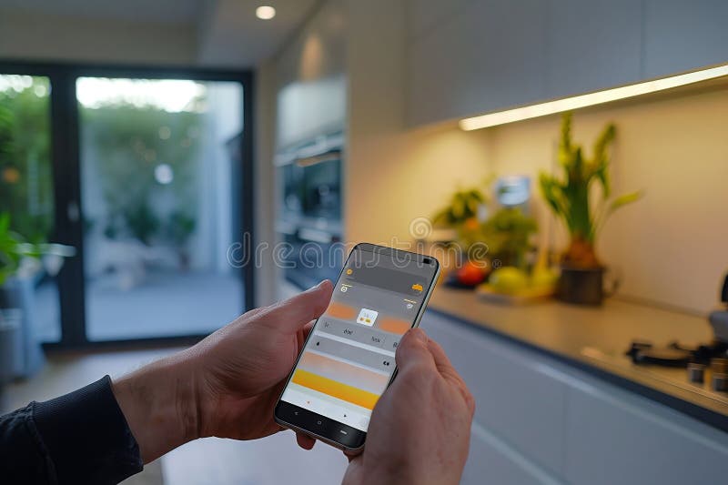 A Man& X27;s Hands Control the Lights in a Modern Kitchen Using a ...