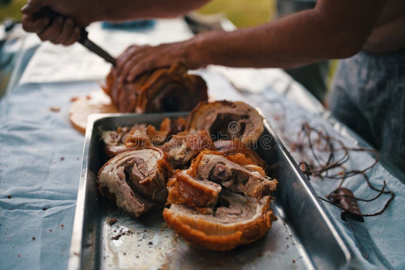 Man S Hands Cutting Pork Meat Stock Photo - Image of burn, male: 259010580