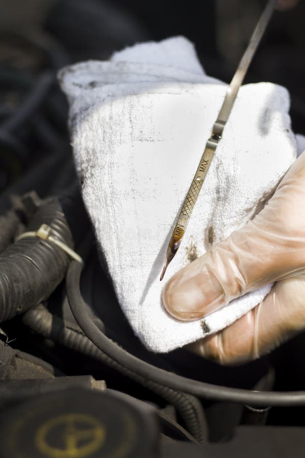 The Man`s Hands in Disposable Gloves Check the Oil Level in the Engine ...