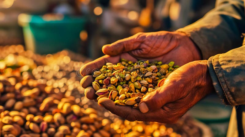 Man S Hands Holding Pistachio Nuts in Bazaar Stock Illustration ...