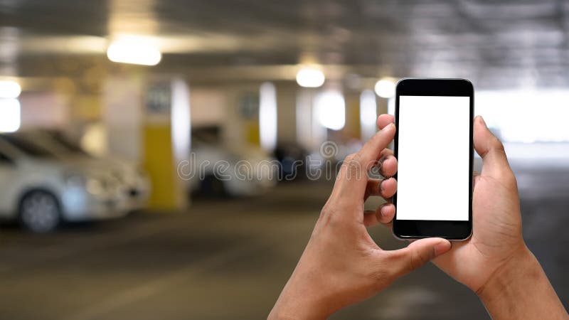 Man`s Hands Holding Smartphone Blank Screen in Car Parking Stock Image ...