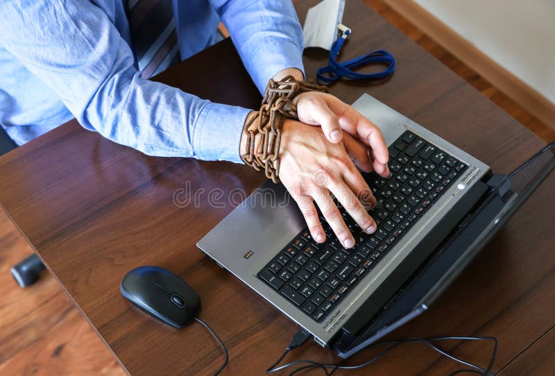 Man`s Hands in Old Rusty Chains. in the Trap of Office Work. Routine ...