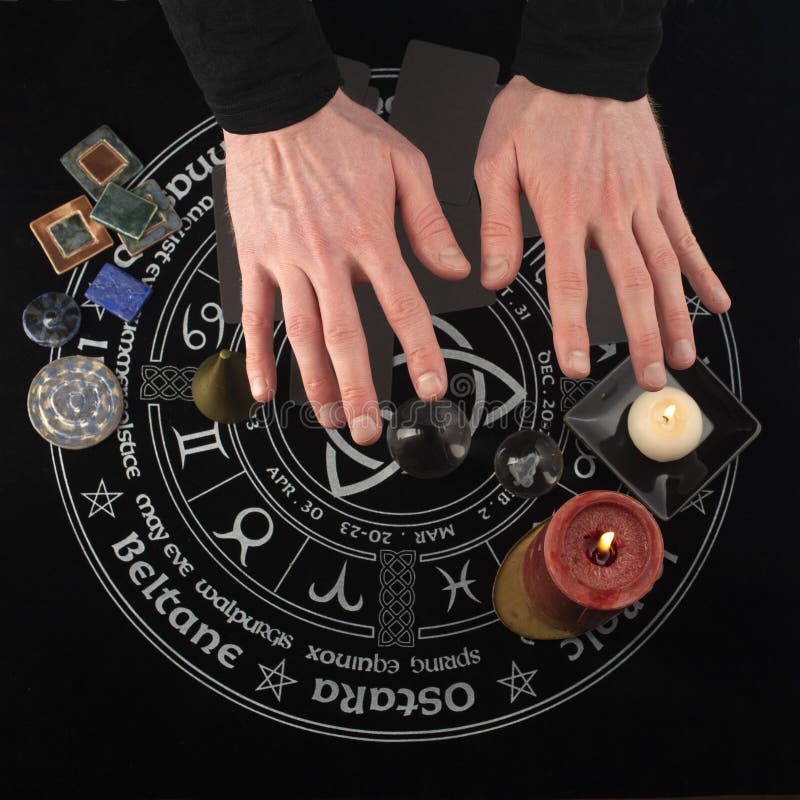 Man`s Hands Over the Table with Occult and Magic Objects Stock Photo ...