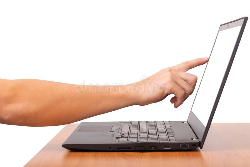 Man`s Hands Pointing on Screen Laptop for Business at Office Desk Stock ...