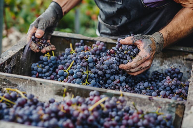 Man& X27;s Hands Pushing Grapes into a Grape Crusher Machine Stock ...