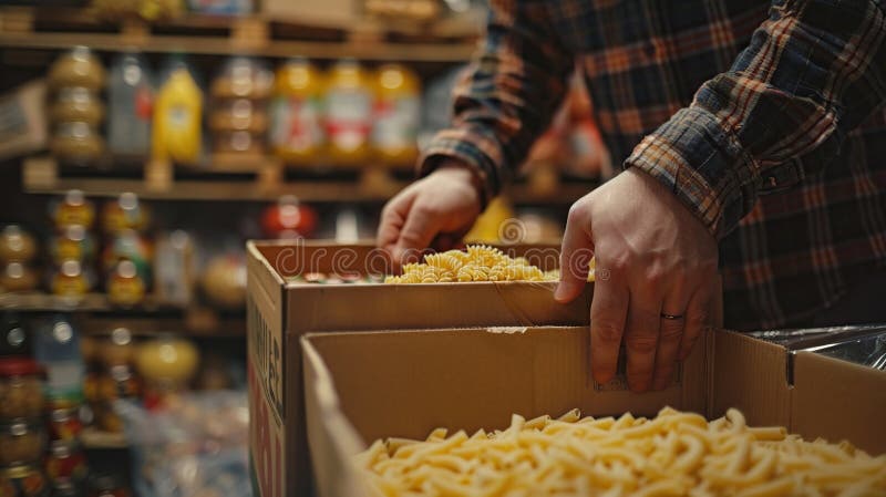 A Man S Hands Reaching into a Box of Dried Pasta at a Grocery Store ...