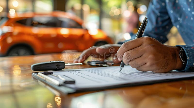 A Man S Hands Signing a Document with a Car in the Background, a Car ...