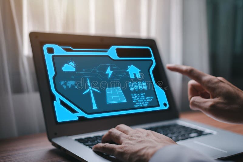 Man S Hands Typing on Laptop with Concept of Solar Power, Wind Power ...