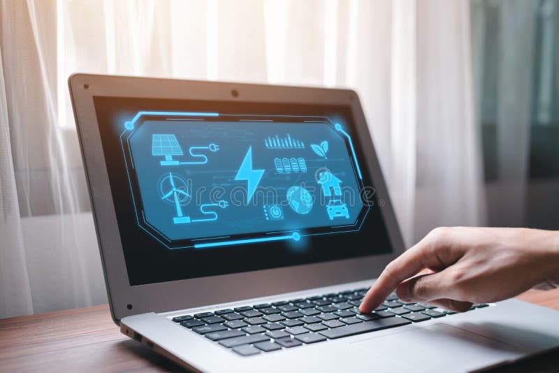 Man S Hands Typing on Laptop with Concept of Solar Power, Wind Power ...